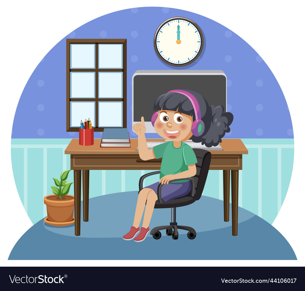 A girl sitting in front of computer Royalty Free Vector