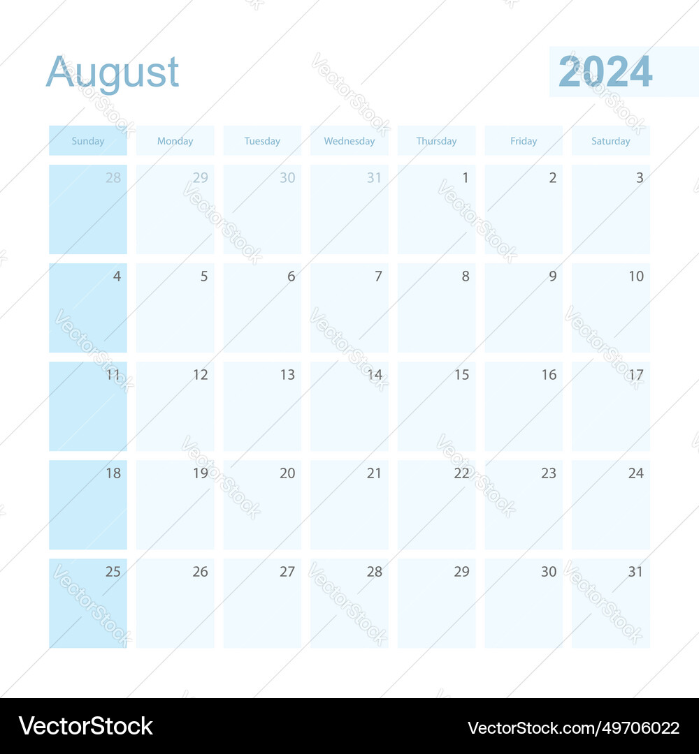 2024 august wall planner in blue color week Vector Image