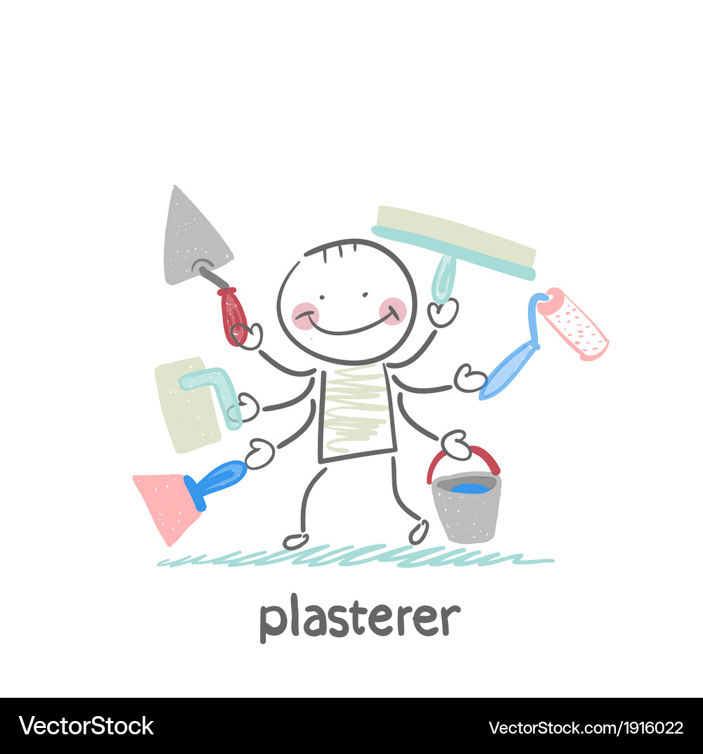 Plasterer holds a lot of tools to work Royalty Free Vector