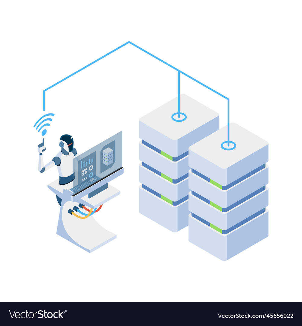 Robot operating servers composition Royalty Free Vector