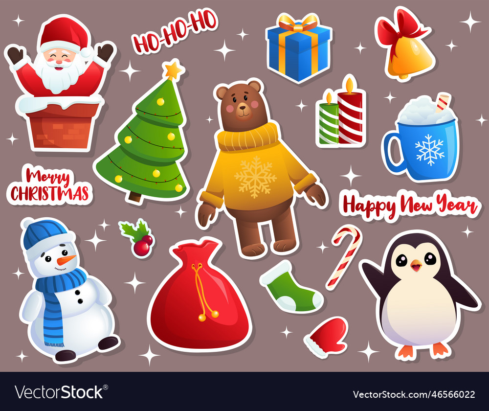 Set of christmas stickers santa penguin snowman Vector Image