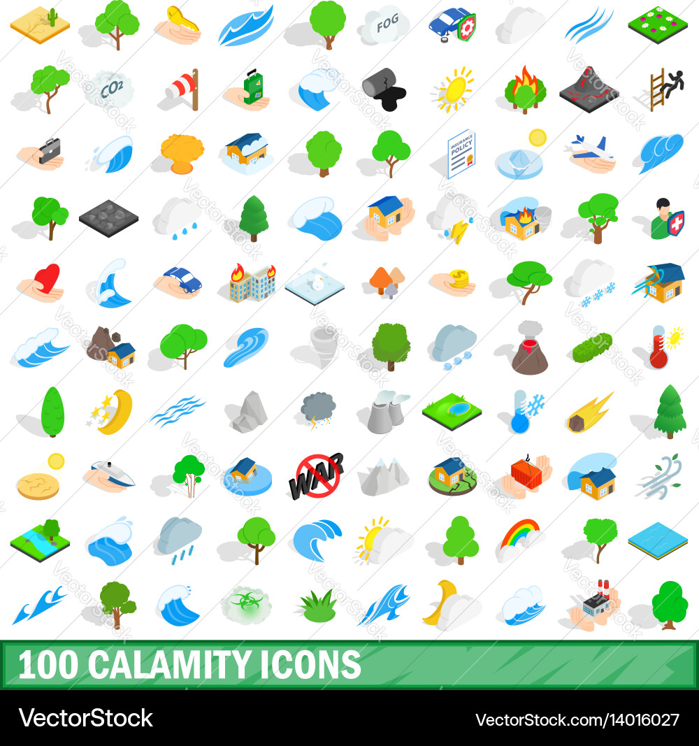 100 calamity icons set isometric 3d style Vector Image