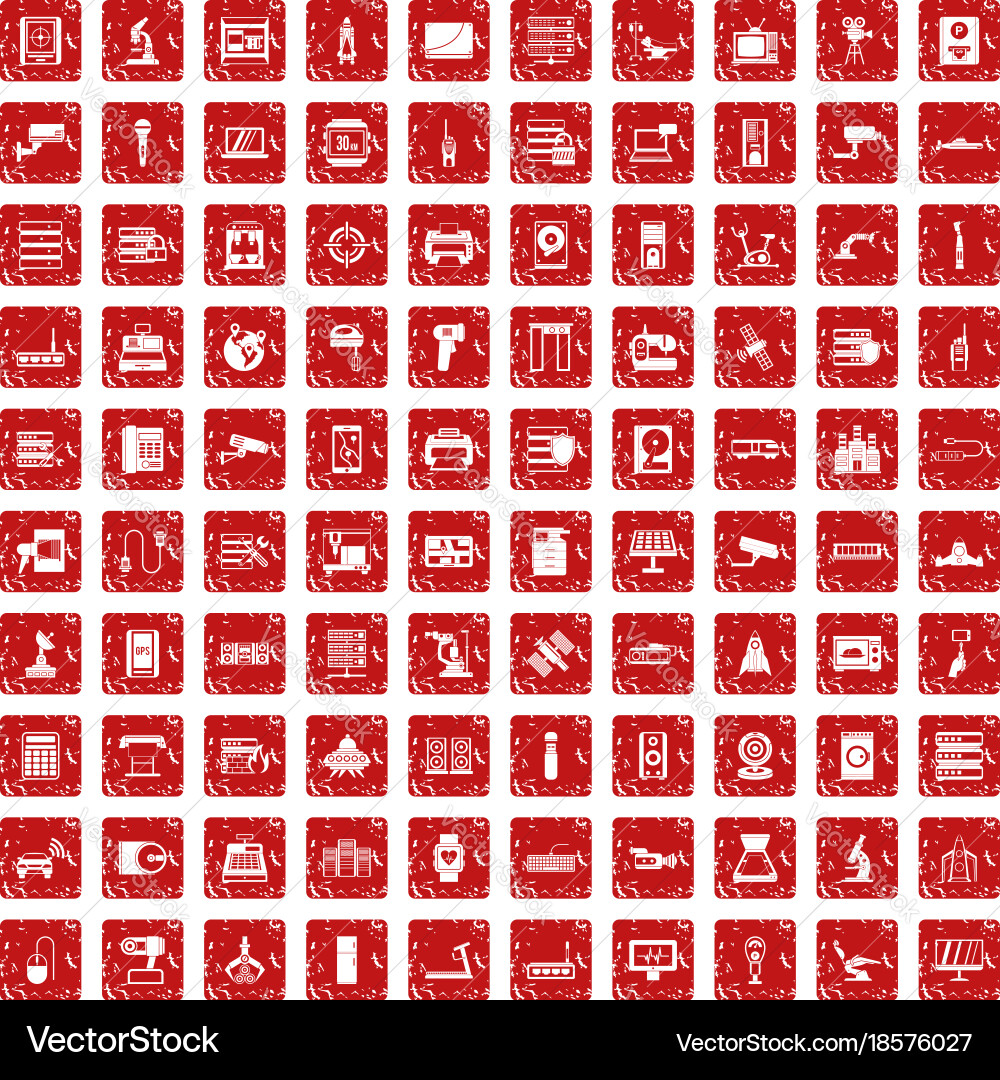 100 hardware icons set grunge red Royalty Free Vector Image