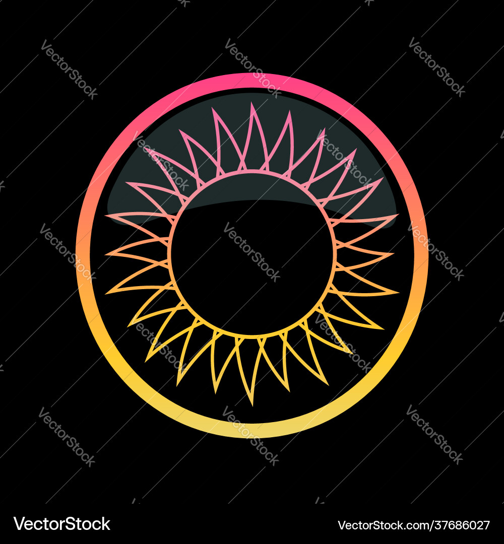 Bright sun icon in round frame on black background