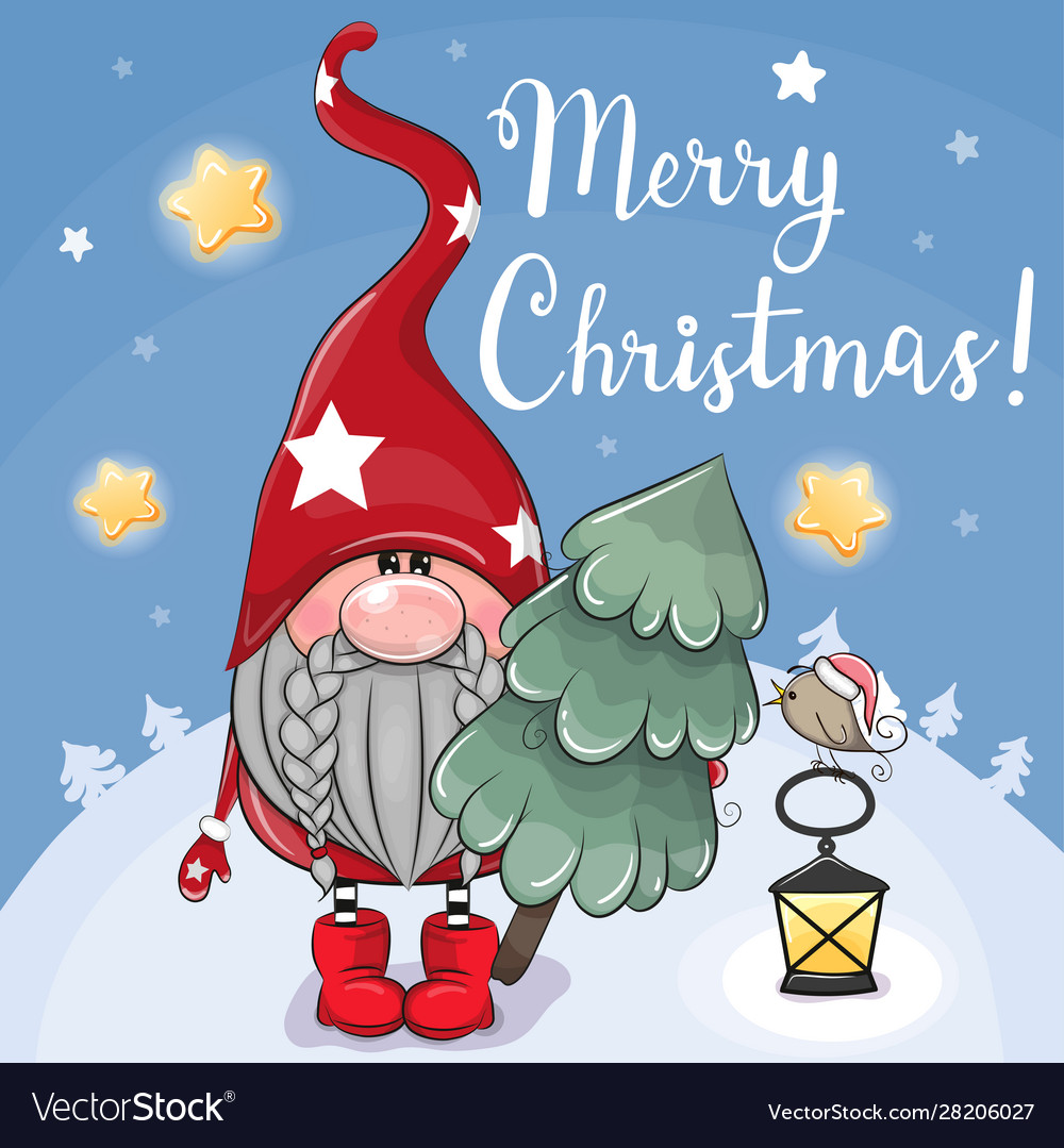 Cute Cartoon Gnome With Christmas Tree On A Blue Vector Image