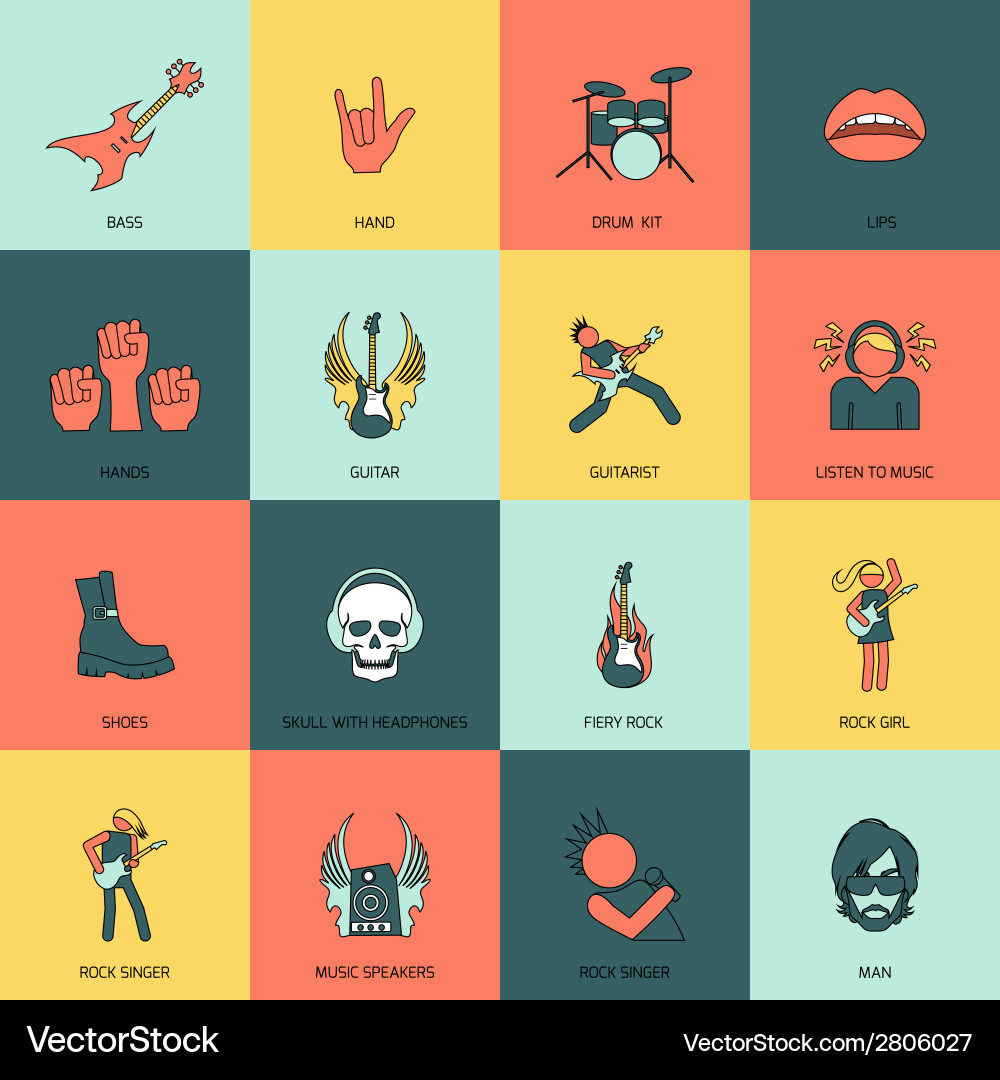 Rock music icons flat line Royalty Free Vector Image