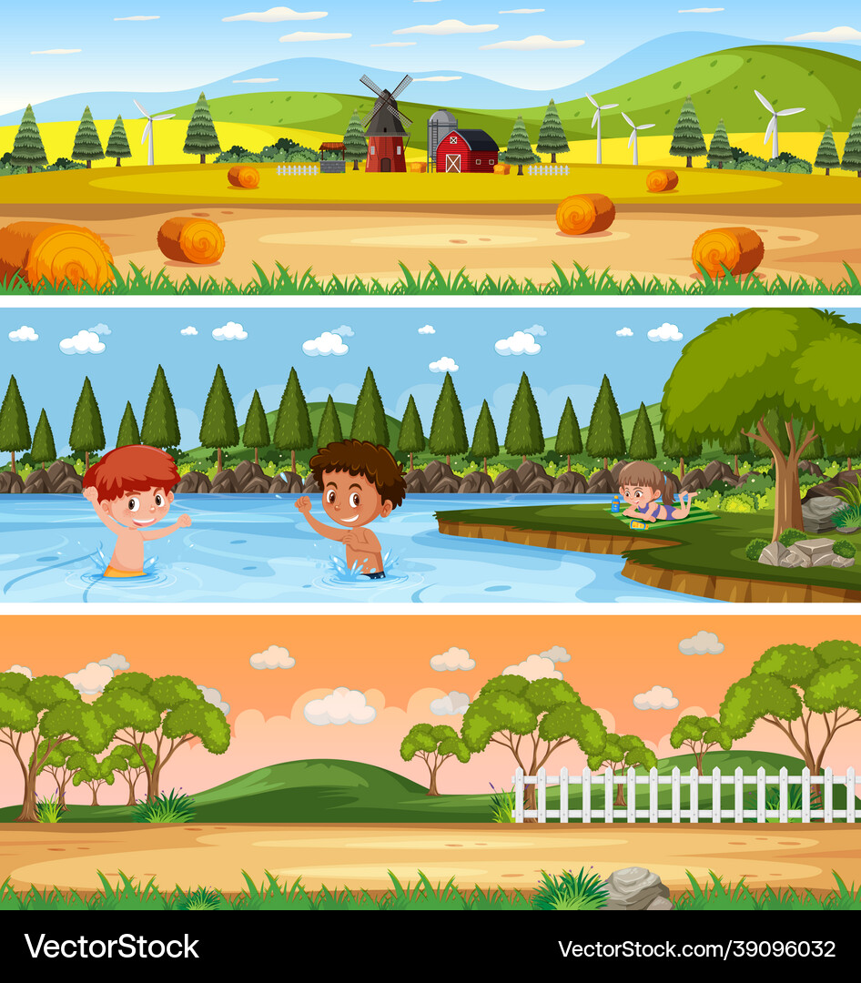 Panoramic nature landscape scene set with cartoon Vector Image