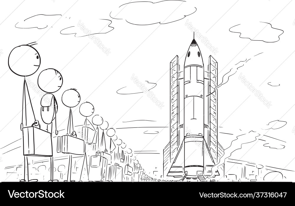 Line people waiting for spaceflight space ship Vector Image