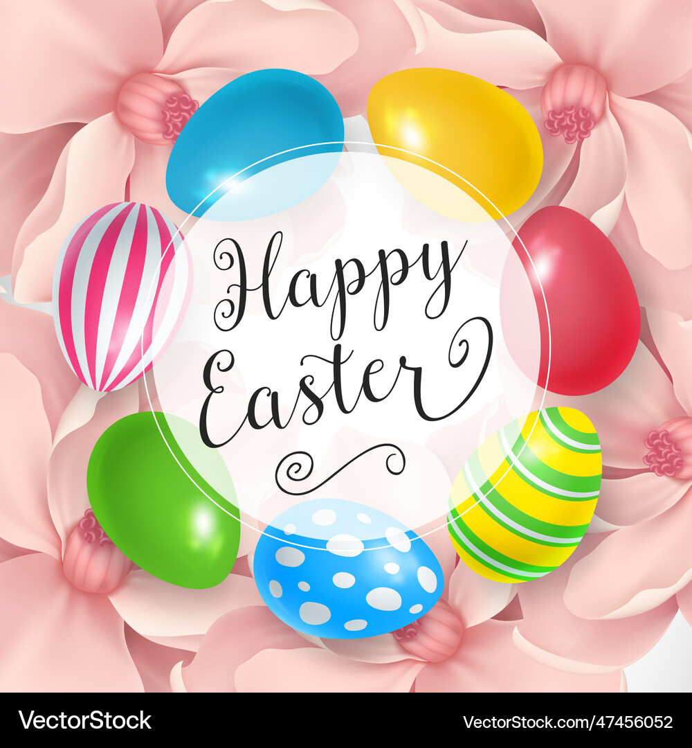 Happy easter lettering and pink flowers Royalty Free Vector