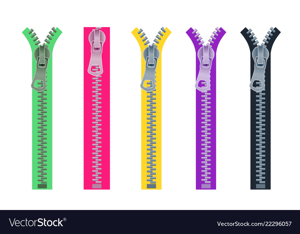 Set metal zippers for clothing in different Vector Image