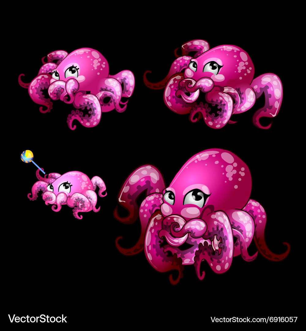 Set pink cute octopuses on a black background Vector Image