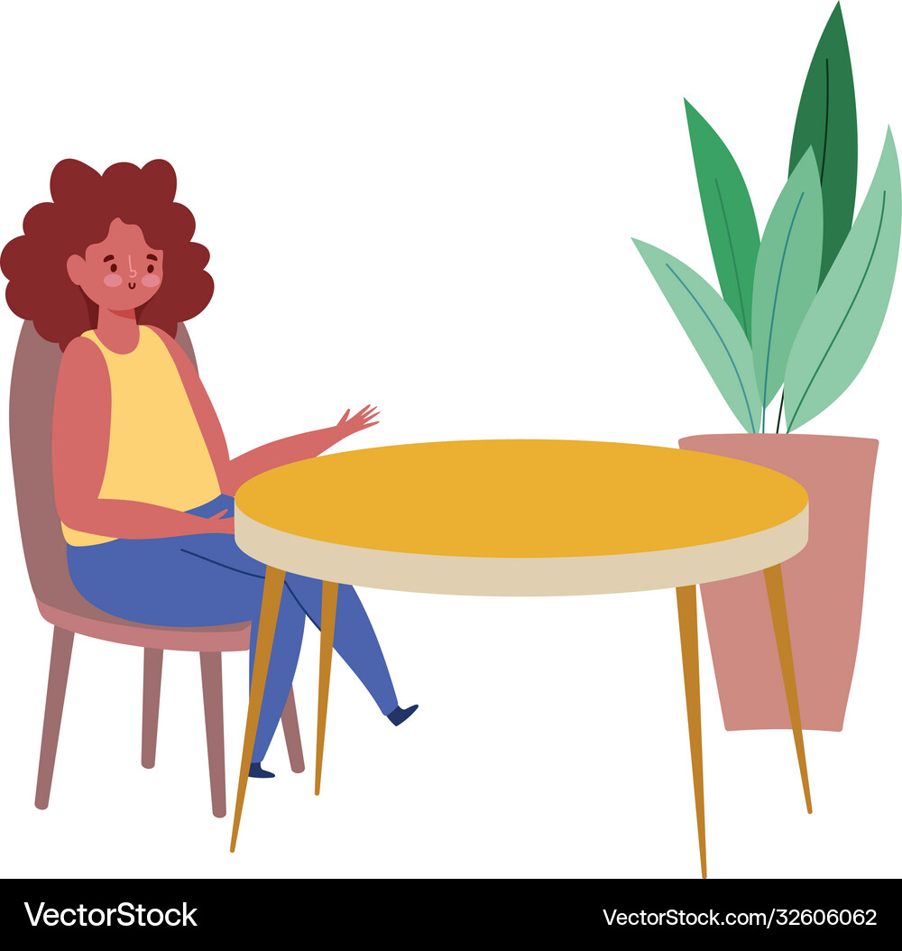 Woman sitting at table restaurant keep distance Vector Image