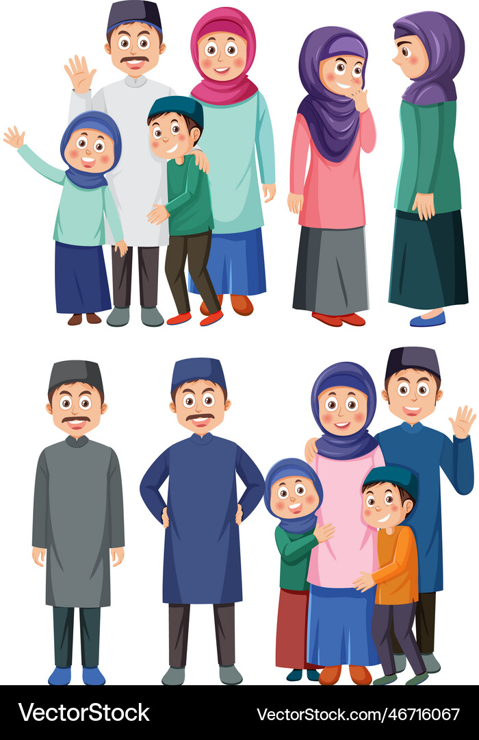 Diverse muslim cartoon characters set Royalty Free Vector