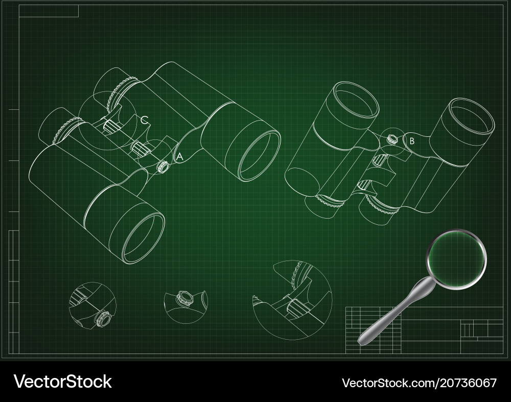 Drawing and 3d model of binoculars Royalty Free Vector Image
