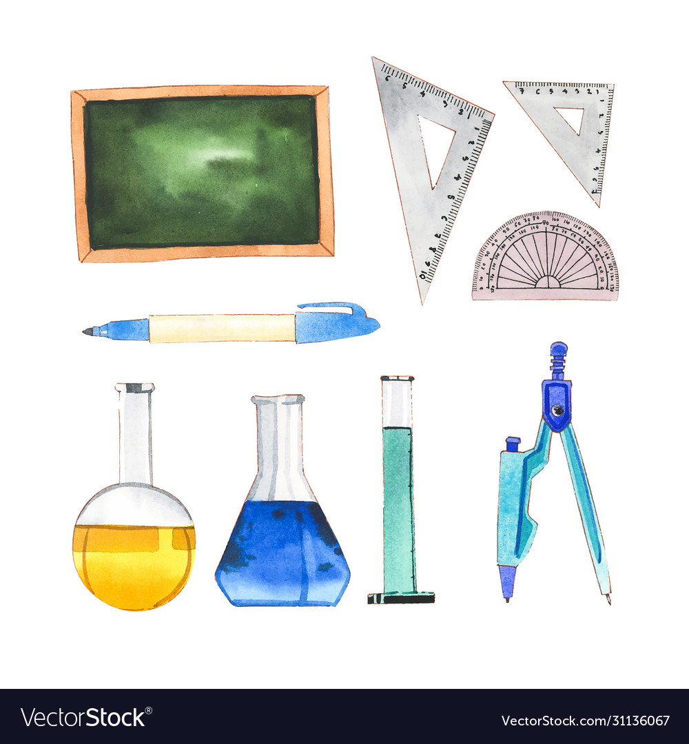 Set watercolor school supplies on white Royalty Free Vector