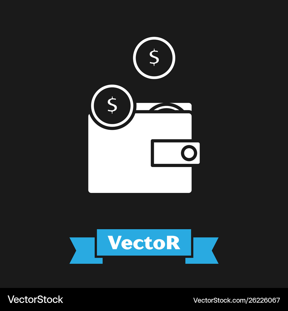 White wallet with coins icon isolated on black Vector Image