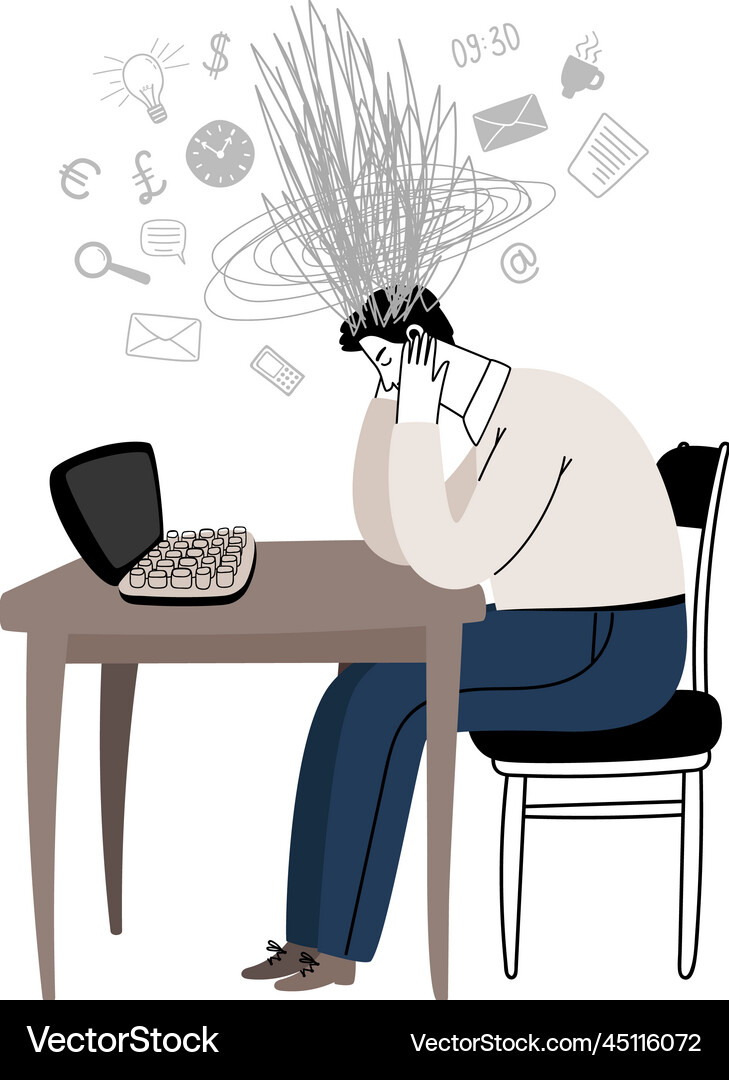 Tired man at the workplace with a bunch Royalty Free Vector