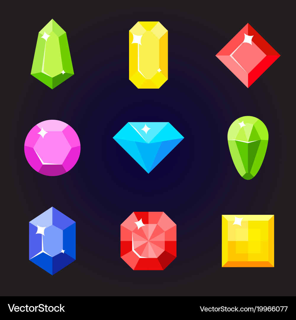 Cartoon gems and diamonds set in a flat Royalty Free Vector