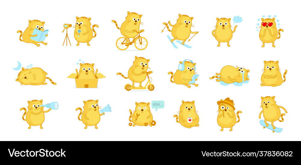 Cat big set stickers mascot character active Vector Image