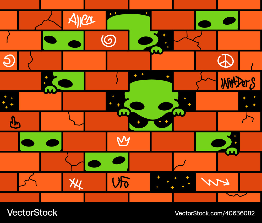Funny aliens peek out from brick wall Royalty Free Vector