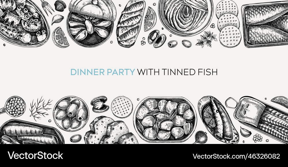 Hand-drawn canned fish border design seafood Vector Image