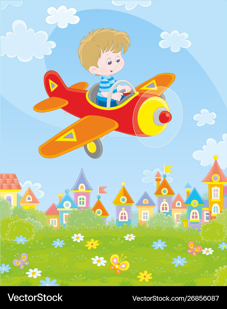 Little pilot in his plane over a town Royalty Free Vector