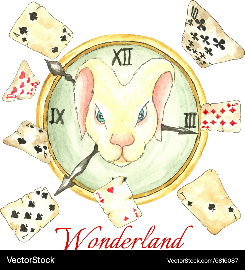 White rabbit on clock and old playing cards Vector Image