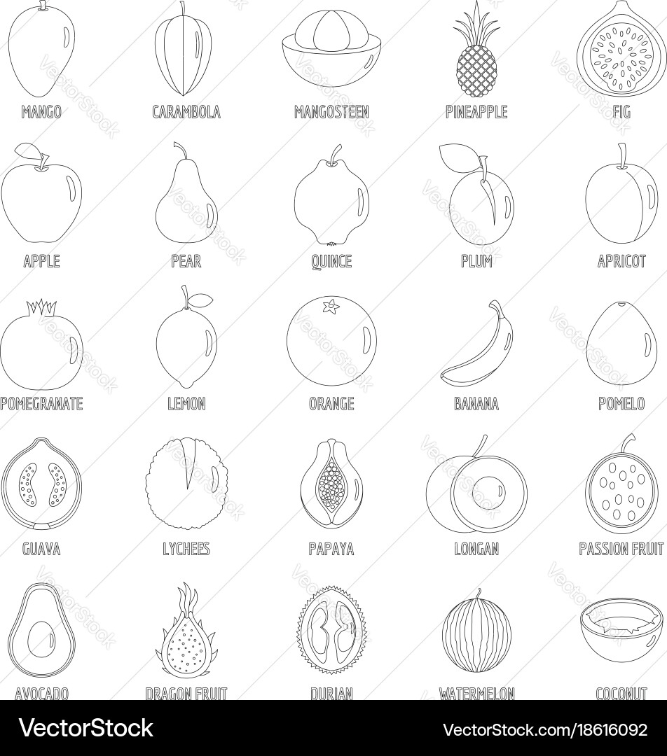Fruits icons set outline style Royalty Free Vector Image