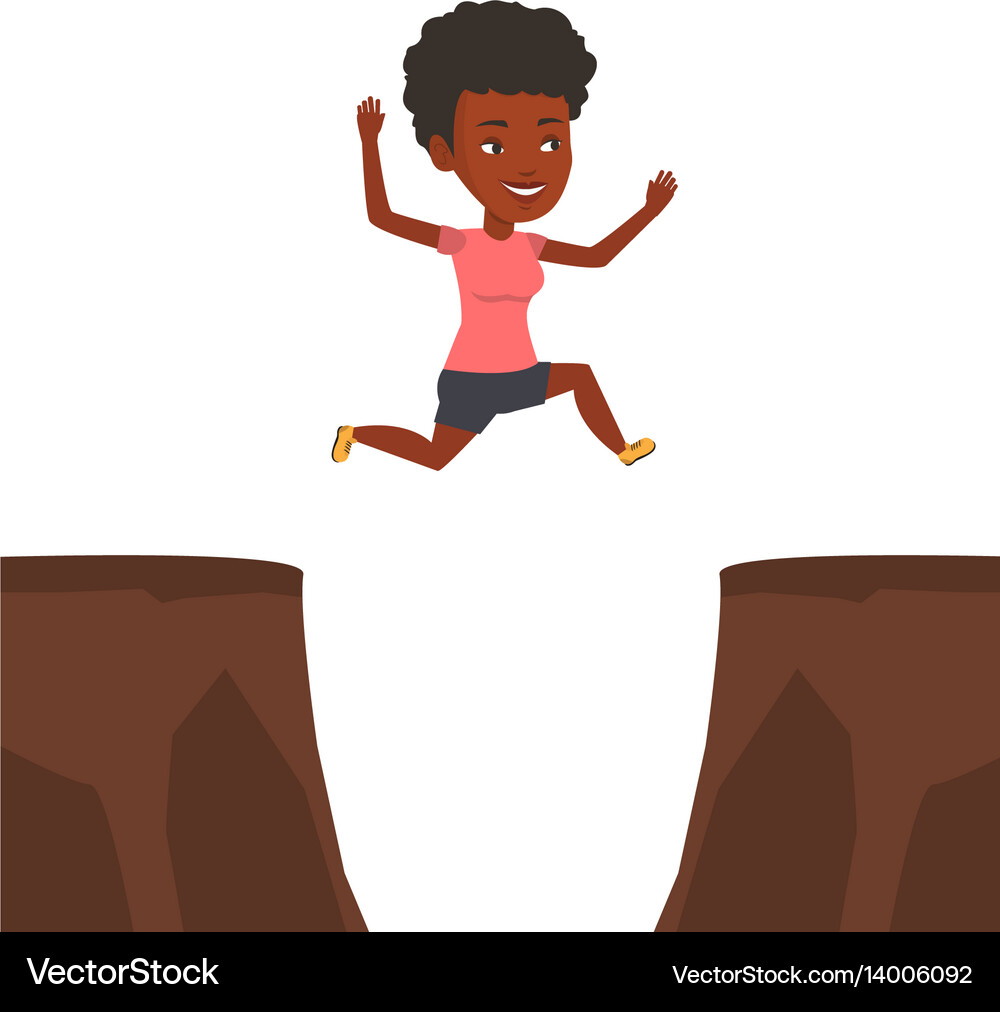 Sportswoman jumping over cliff Royalty Free Vector Image