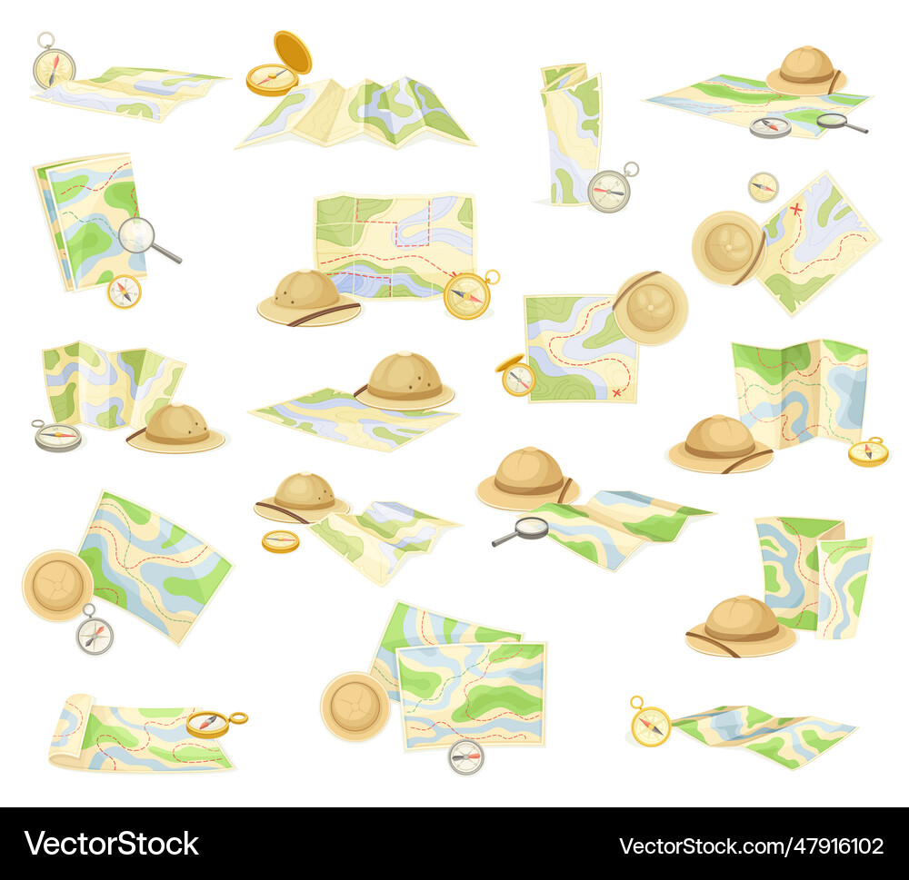 Expedition map with hat and magnifying glass big Vector Image
