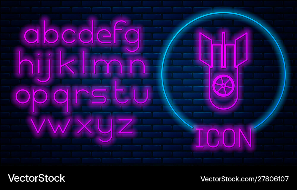 Glowing neon nuclear bomb icon isolated on brick Vector Image
