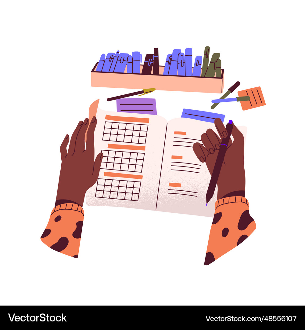 Hands hold pen write in paper planner person Vector Image