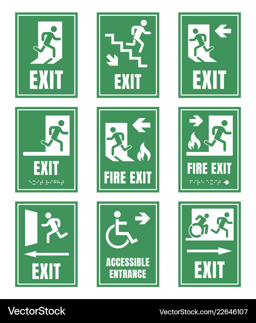 Set of emergensy exit signs fire labels Royalty Free Vector