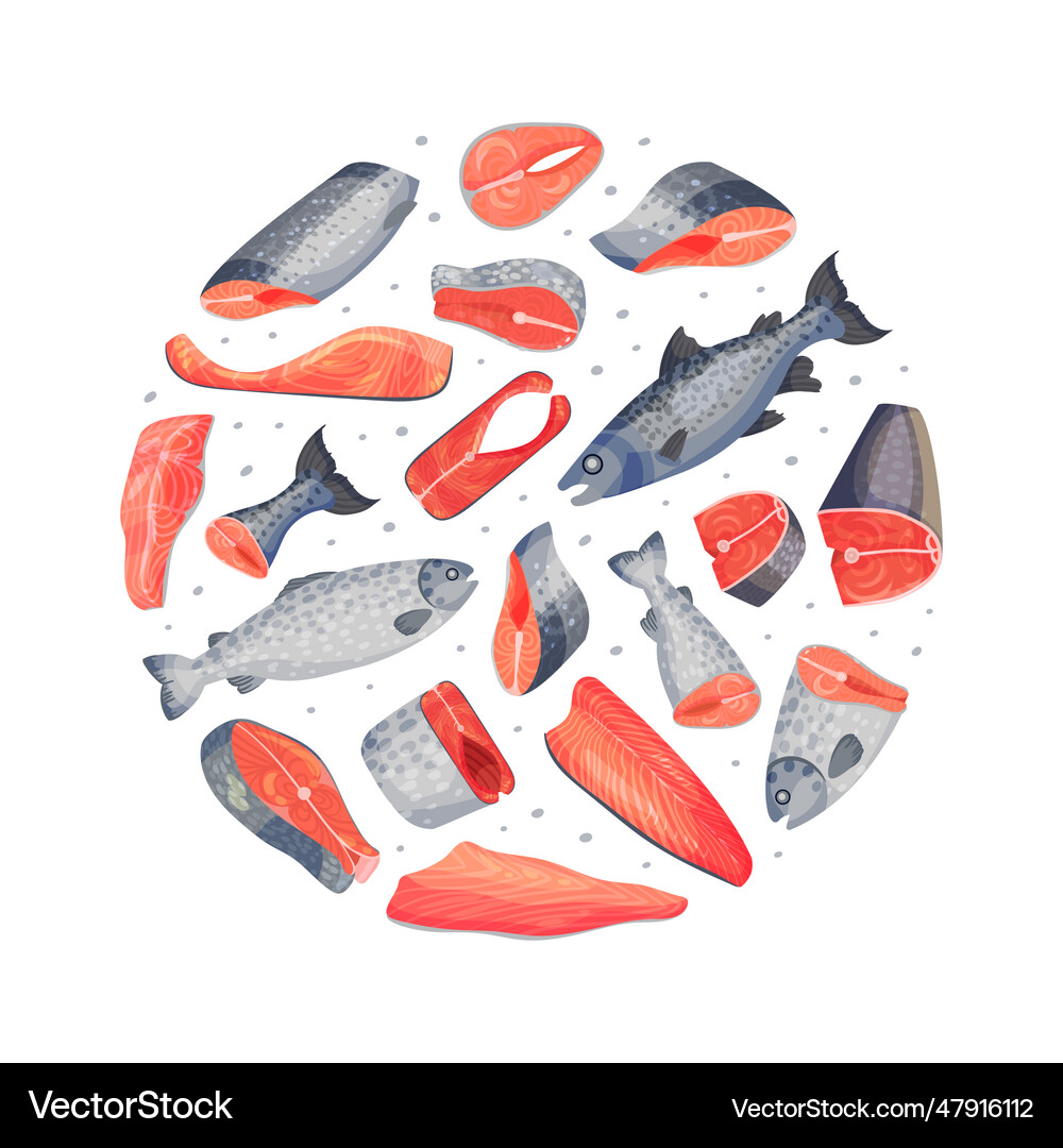 Fresh fish round composition design with flesh Vector Image