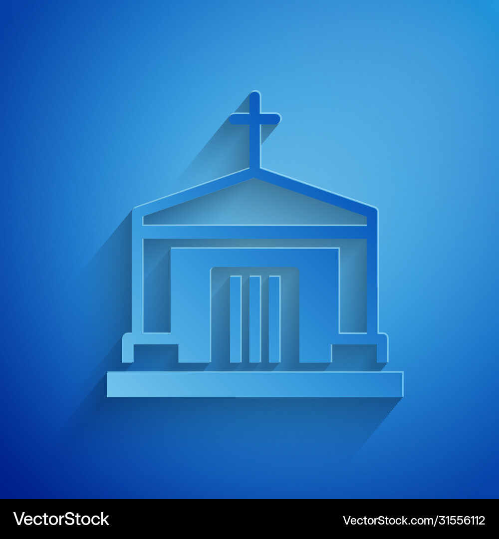 Paper cut old crypt icon isolated on blue Vector Image