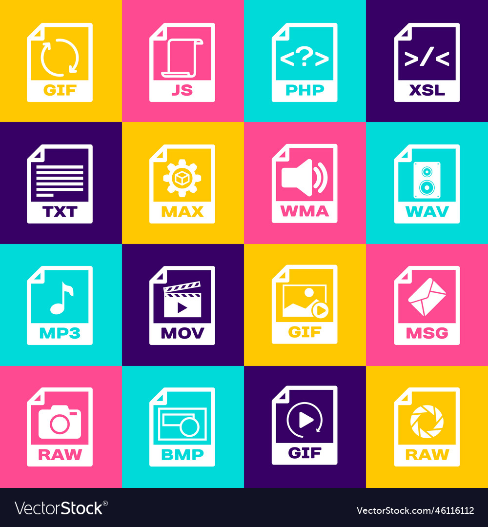 Set raw file document msg wav php max and txt Vector Image Set raw file document msg wav php max and txt Vector Image