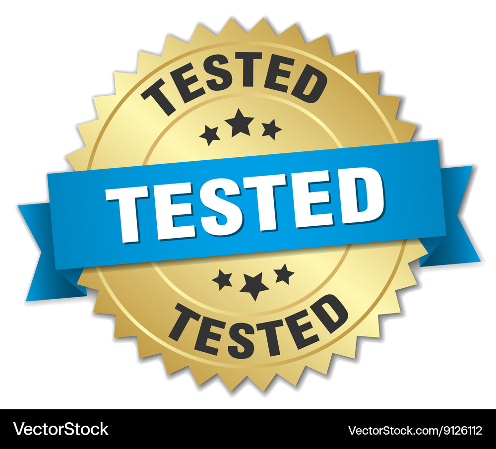 Tested 3d gold badge with blue ribbon Royalty Free Vector