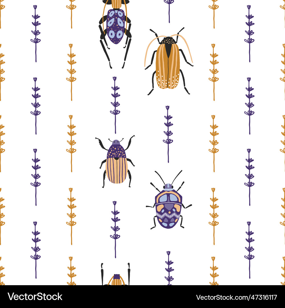 Beetles and floral elements seamless pattern Vector Image