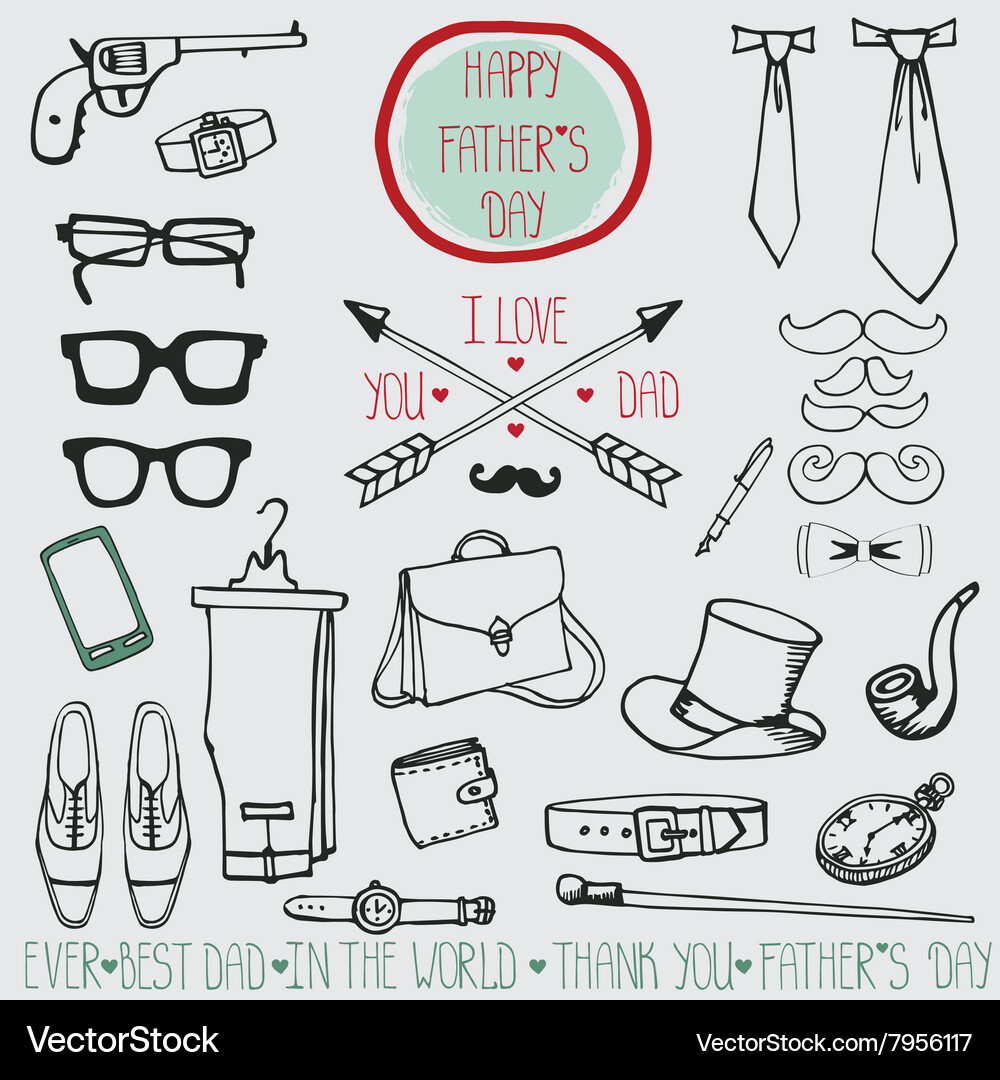 Fathers day male elements sethand drawing doodles Vector Image