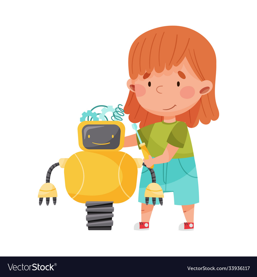 Little girl engineering and creating robot Vector Image