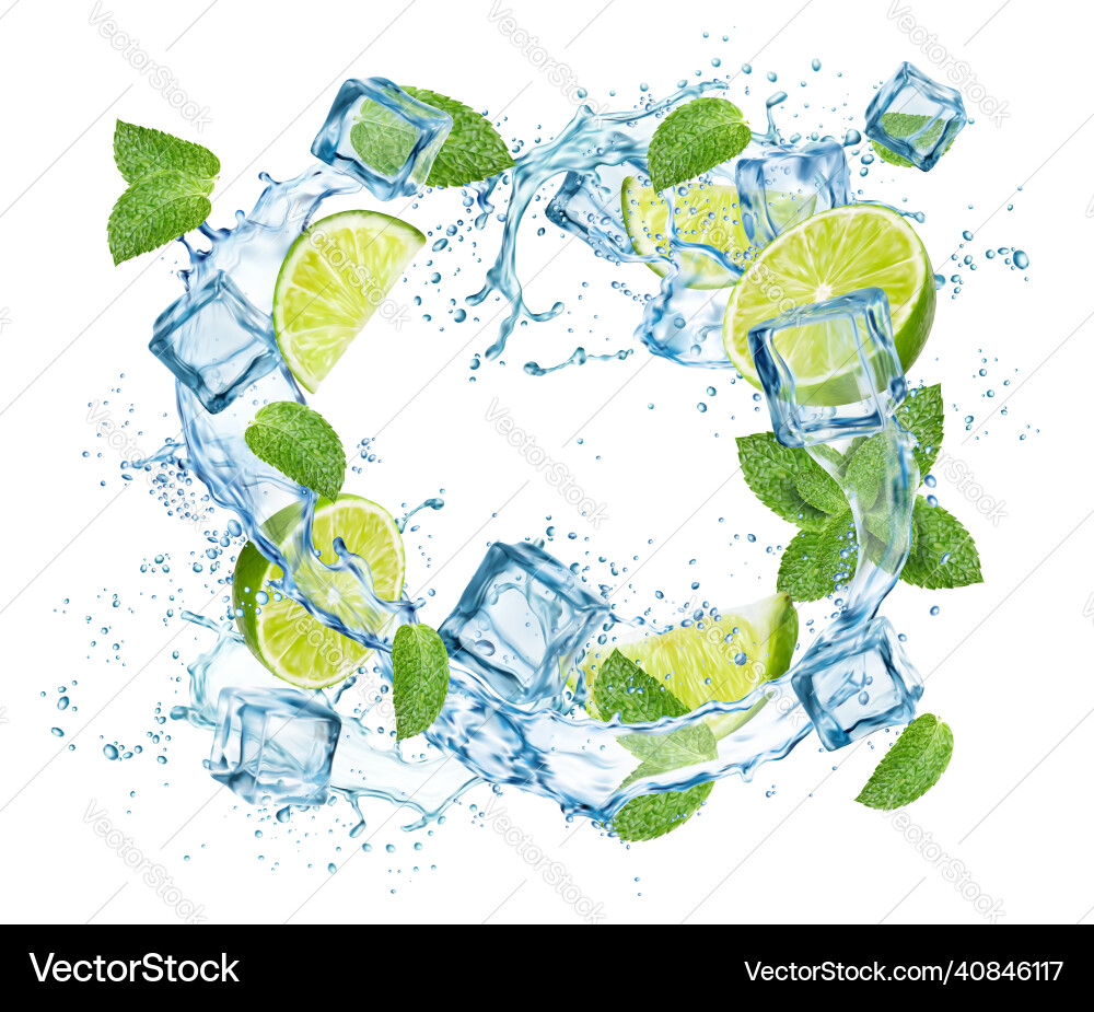 Water wave splash with lime leaves and ice cubes Vector Image
