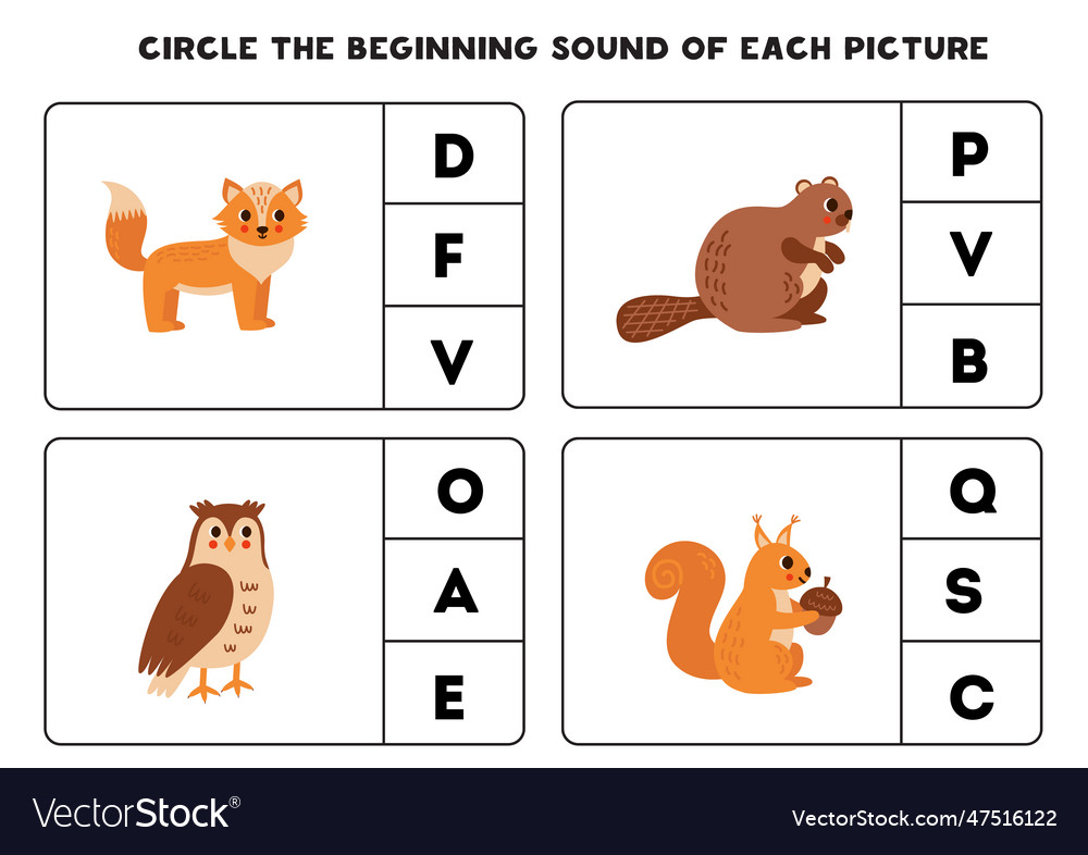 Worksheet for kids find the beginning sound Vector Image