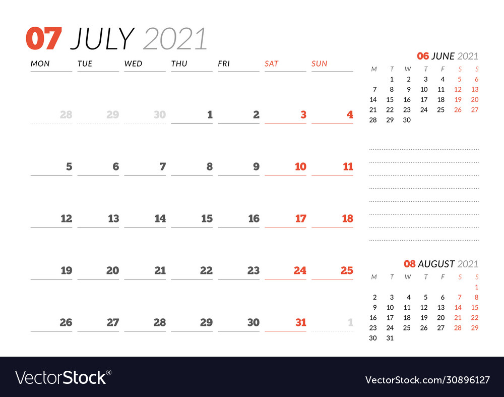 Calendar page for july 2021 monthly planner Vector Image