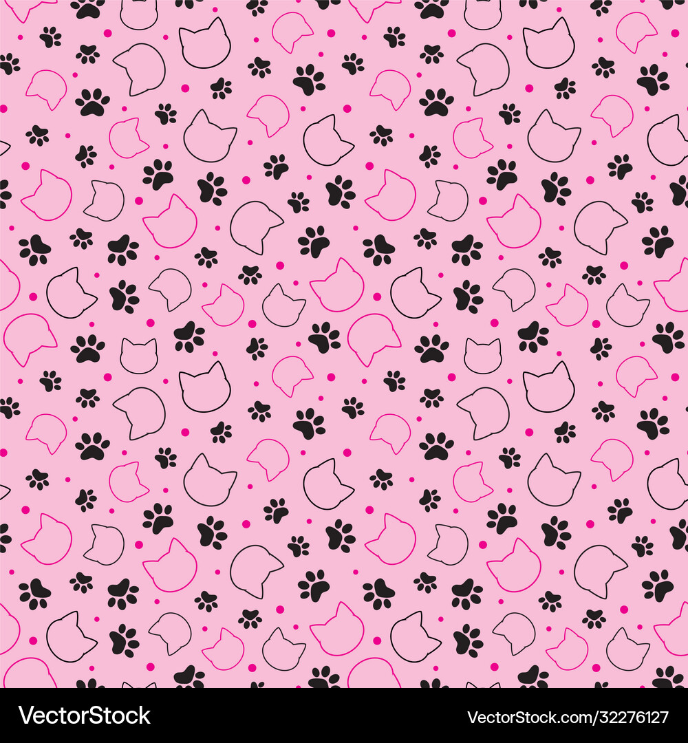 Seamless pattern with cat head and paw on pink Vector Image