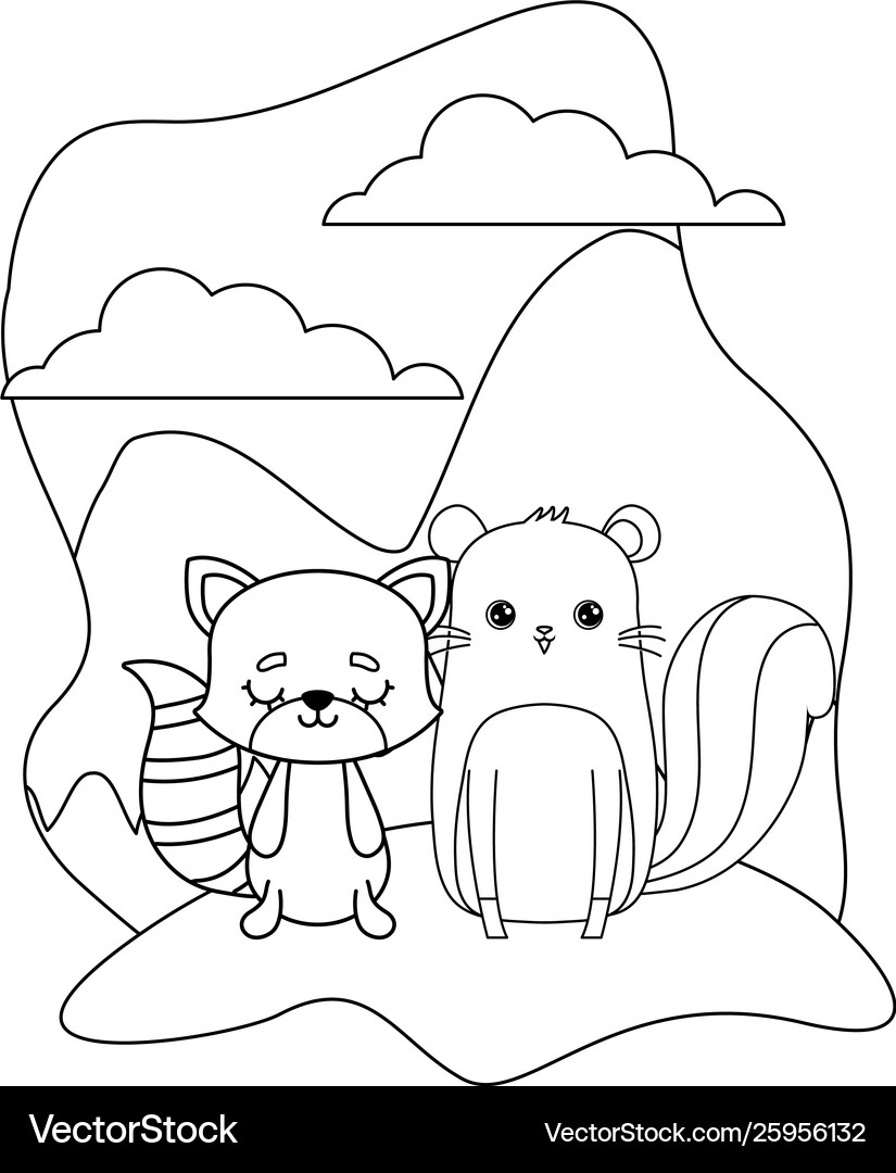 Cute chipmunk with cat animals in landscape Vector Image