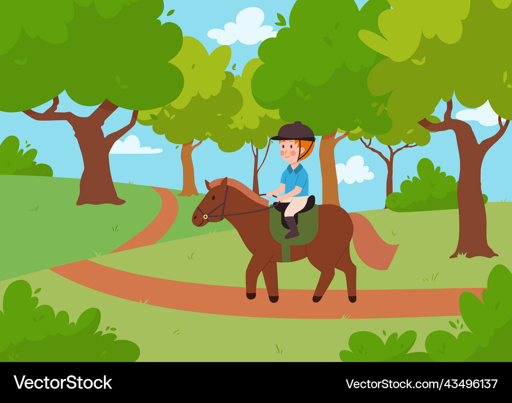 Boy in forest rides a horse flat Royalty Free Vector Image