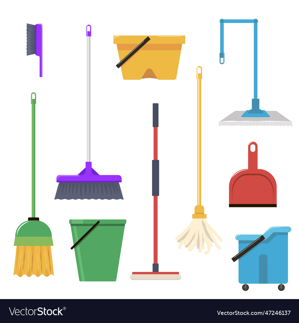 Cleaning tools flat set Royalty Free Vector Image