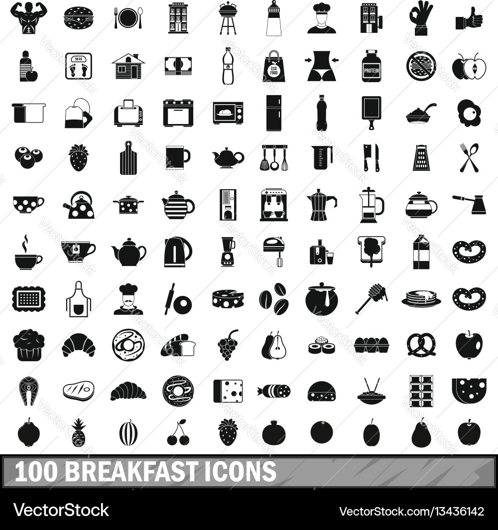 100 breakfast icons set in simple style Royalty Free Vector