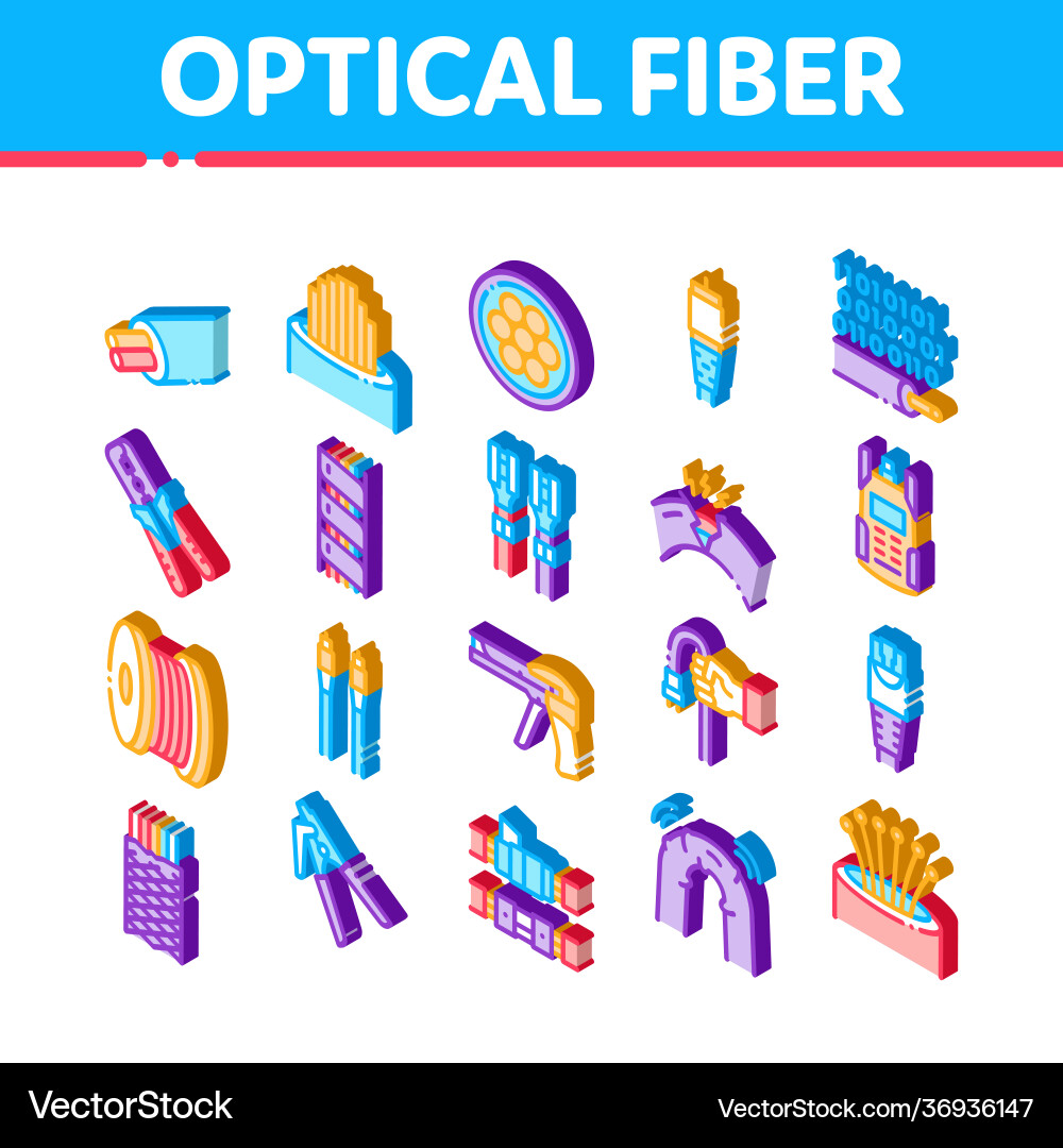 Optical fiber cable isometric icons set Royalty Free Vector