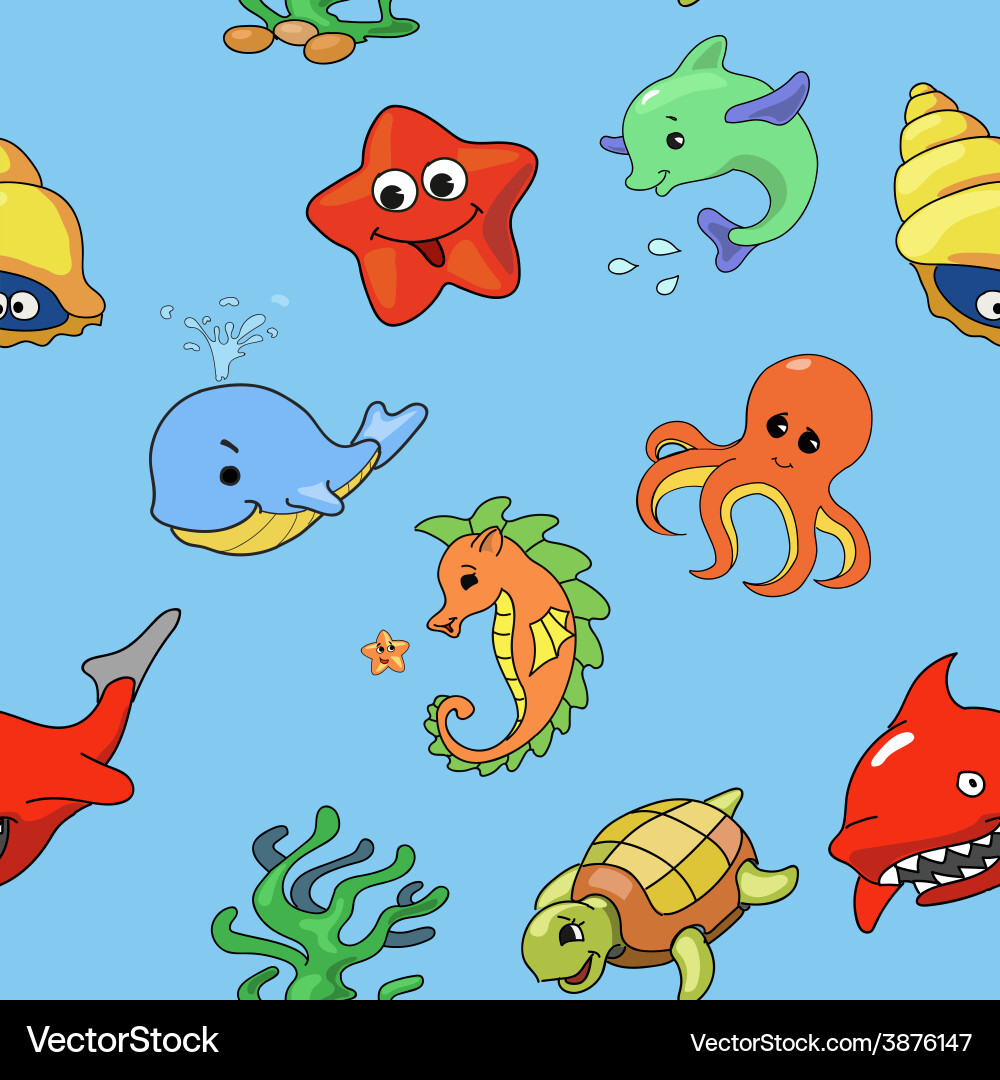 Seamless pattern of cartoon sea creatures Vector Image